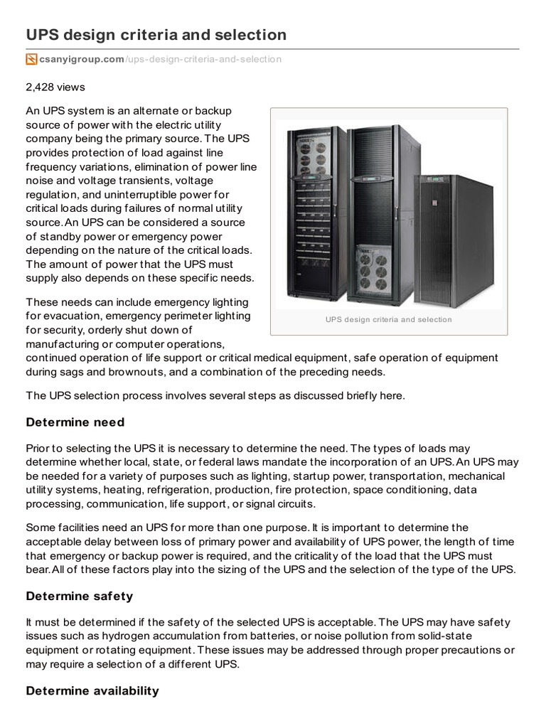 UPS Design and Selection Criteria | PDF | Electric Power Transmission ...