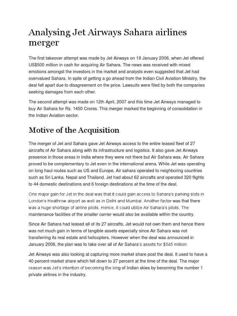 Analysing Jet Airways Sahara Airlines Merger | PDF | Airlines | Mergers ...
