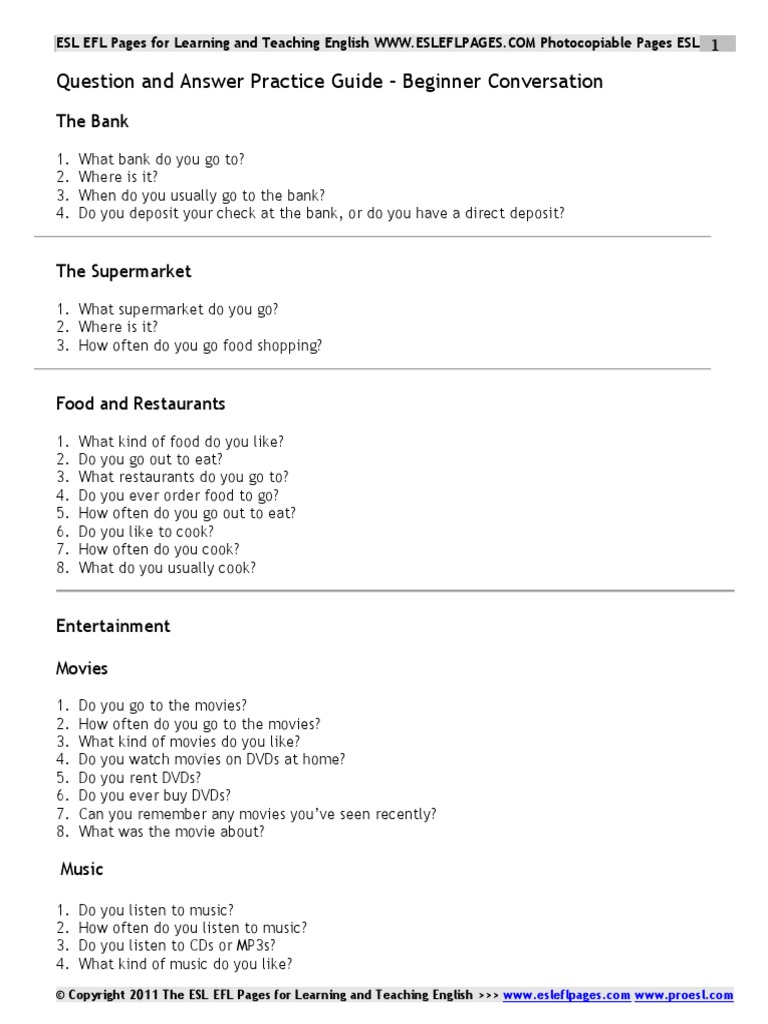 Conversation Questions, English Grammar | PDF | English As A Second Or ...