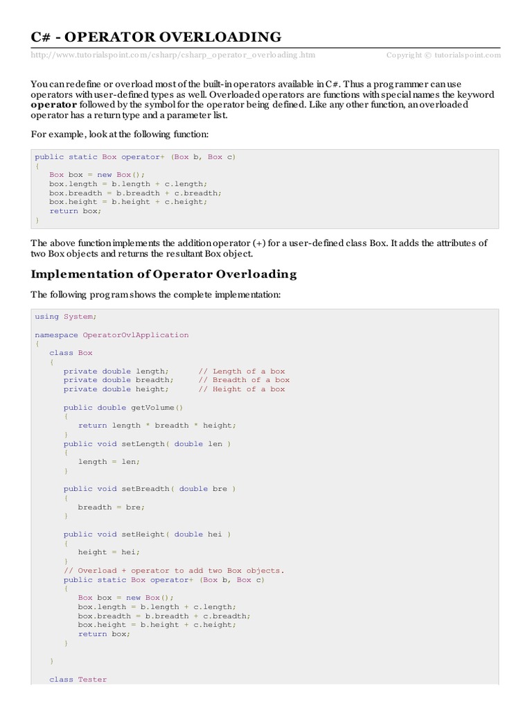Csharp Operator Overloading | PDF | C Sharp (Programming Language ... Csharp Operator Overloading | PDF | C Sharp (Programming Language ...