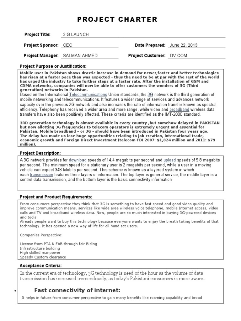 Project Charter | PDF | 3 G | Internet Access