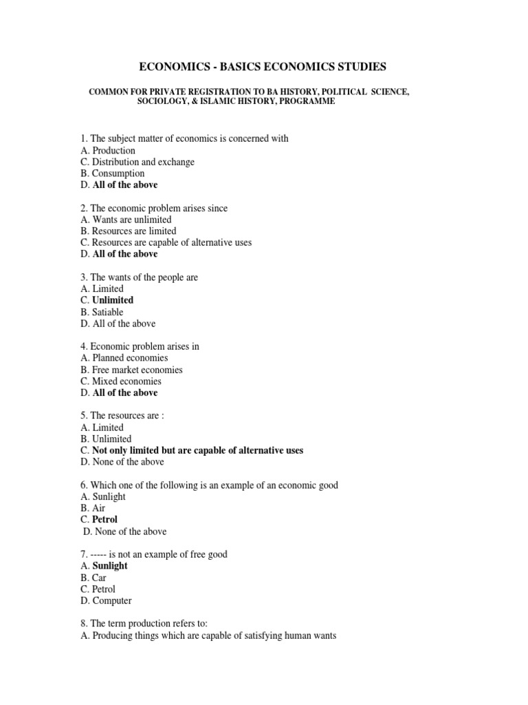 MCQ in - Basics of Economics | PDF | Demand | Price Elasticity Of Demand
