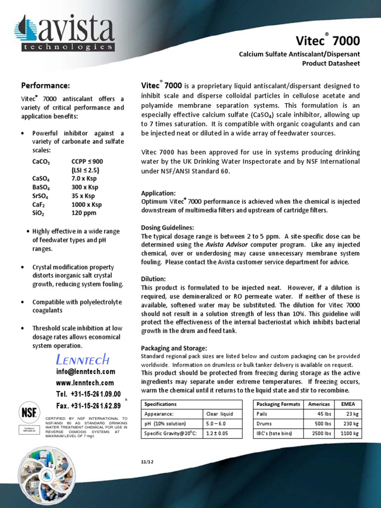 Vitec 7000 Antiscalant Datasheet L | PDF | Membrane | Water