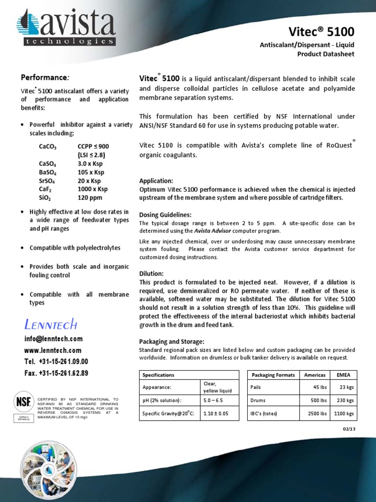 Vitec 5100 Antiscalant Datasheet L | Membrane | Water