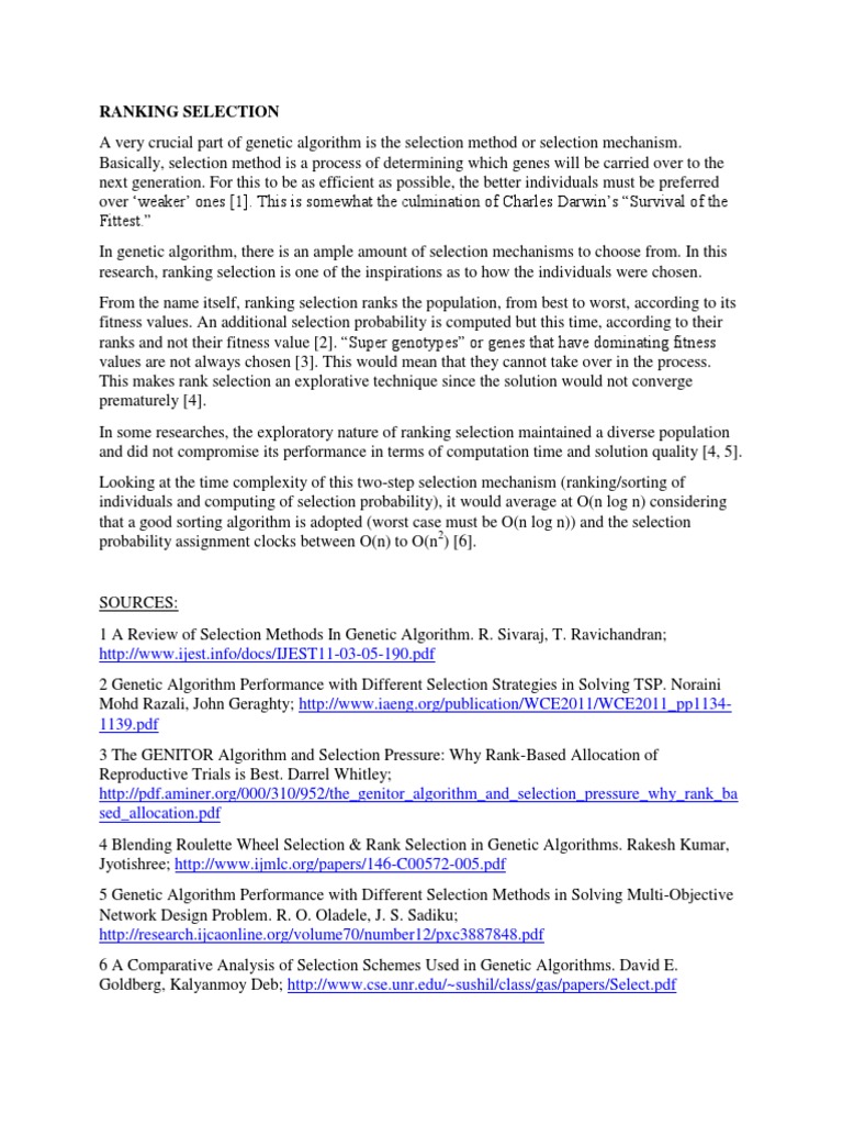 Ranking Selection | PDF | Natural Selection | Genetic Algorithm