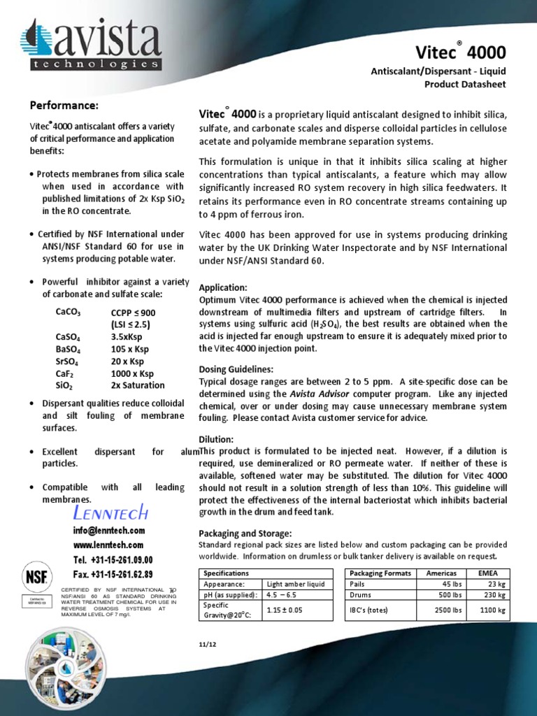 Vitec 4000 Antiscalant Datasheet L | PDF | Membrane | Water