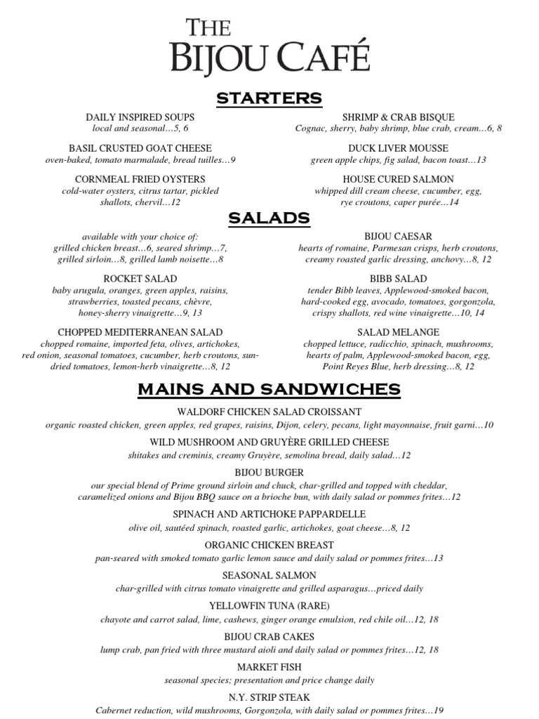 Bijou Cafe Lunch Menu | Salad | Foods