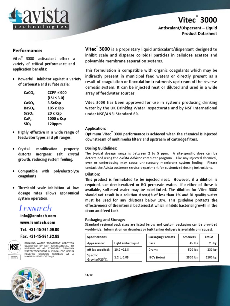 Vitec 3000 Antiscalant Datasheet L | PDF | Water Purification | Membrane
