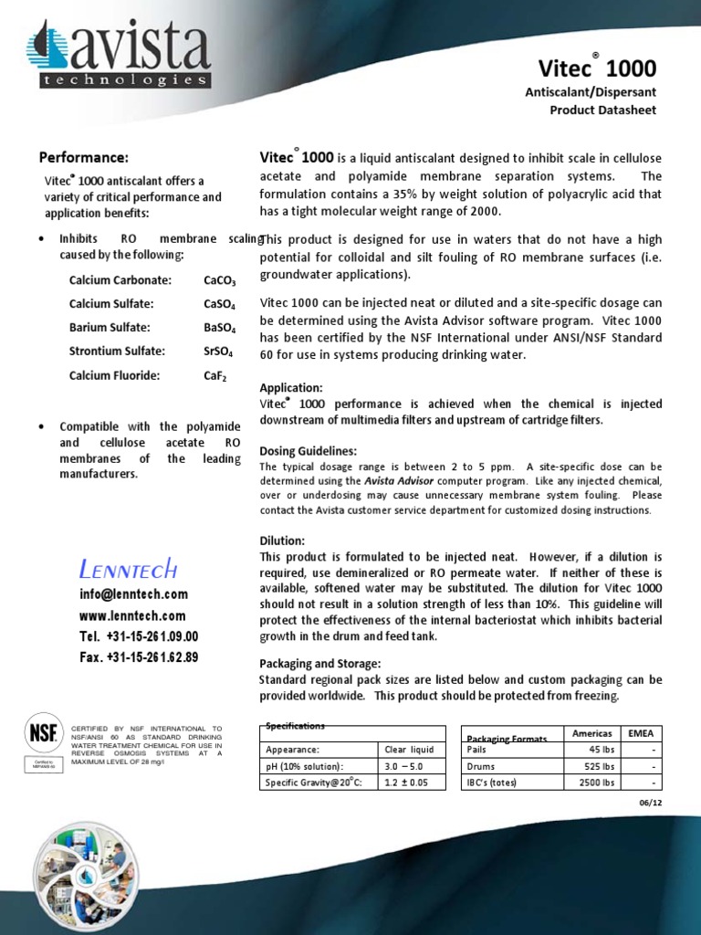 Vitec 1000 Antiscalant Datasheet L | PDF | Materials | Physical Sciences