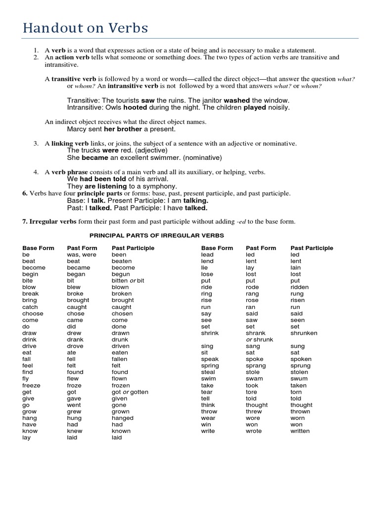 Handout On Verbs | Download Free PDF | Verb | Onomastics