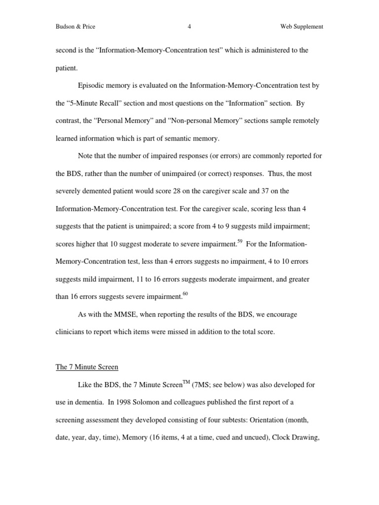 A Review of Several Common Memory and Cognitive Tests Used in the ...