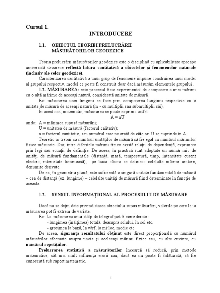 Teoria Prelucrarii Masuratorilor Geodezice-Cursul 1 | PDF