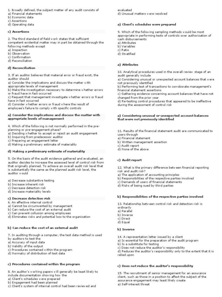 Audit Principles and Standards: Multiple Choice Questions on Auditing Concepts and Procedures ...