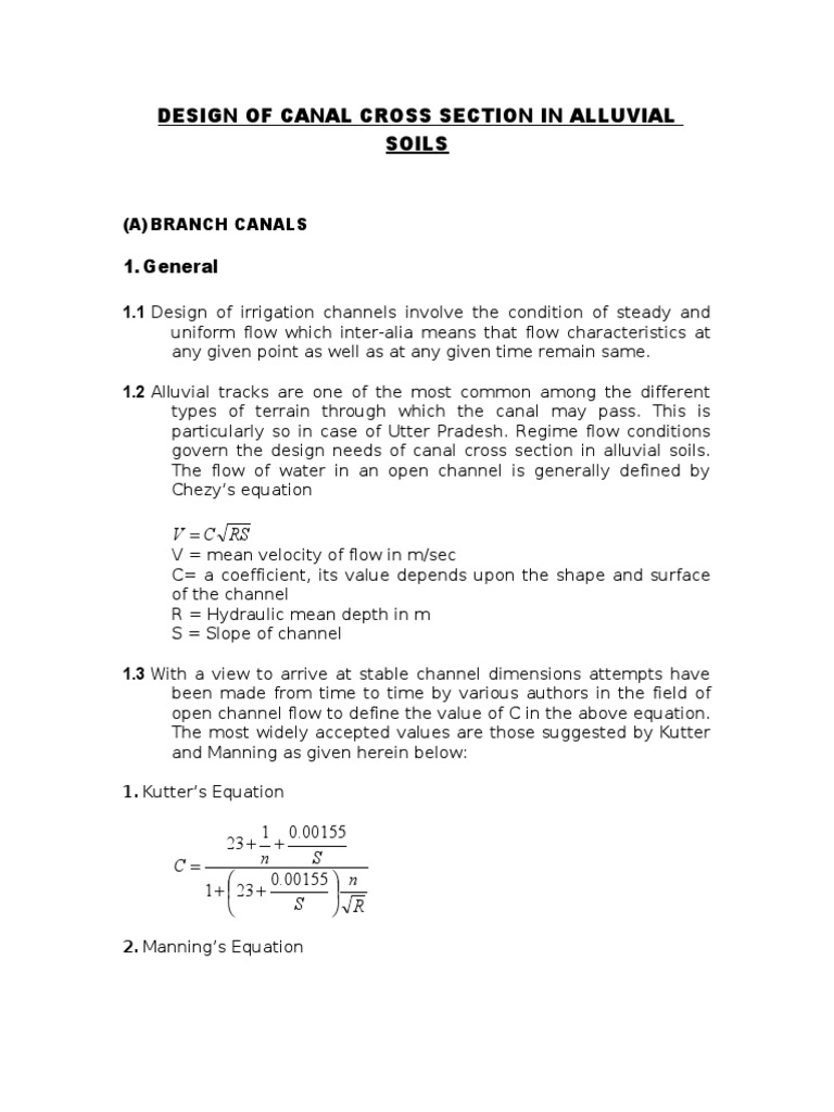 Design of Canal Cross Section in Alluvial Soils | Download Free PDF ...
