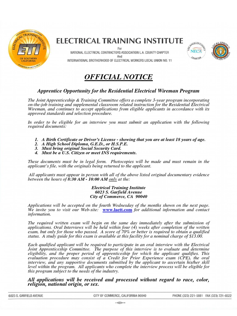 Official Notice: Apprentice Opportunity For The Residential Electrical ...