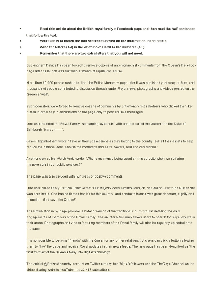 Reading Comprehension - The Royal Family | PDF | Facebook | You Tube