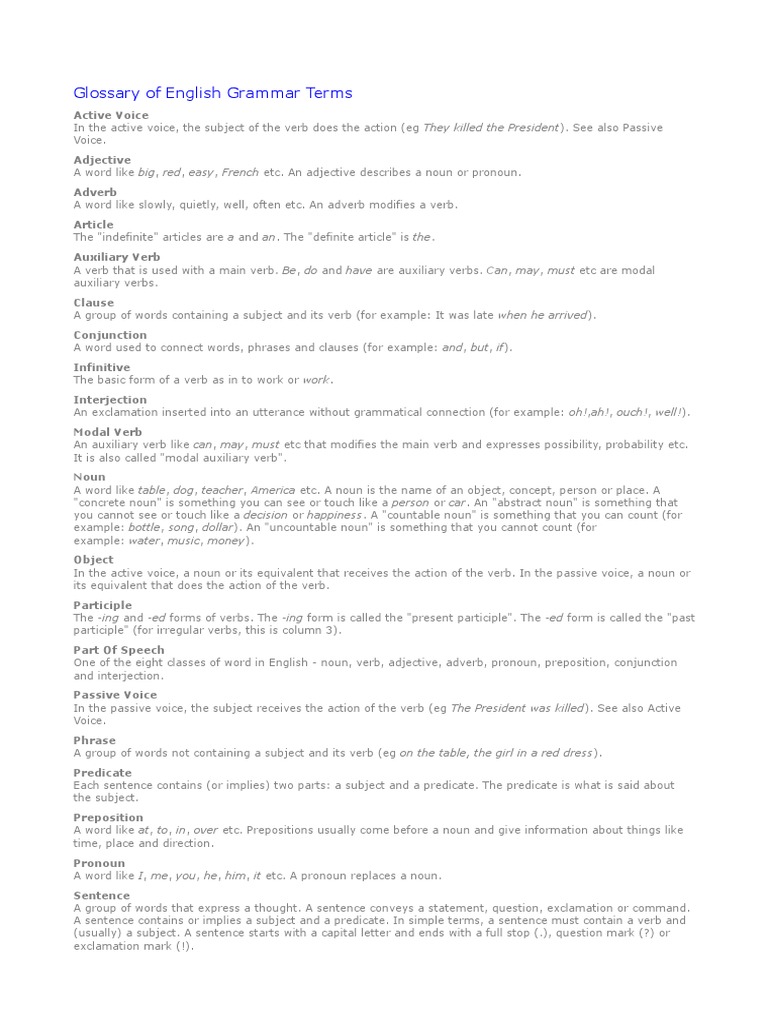 English Grammar Terms Glossary | PDF | Verb | English Grammar