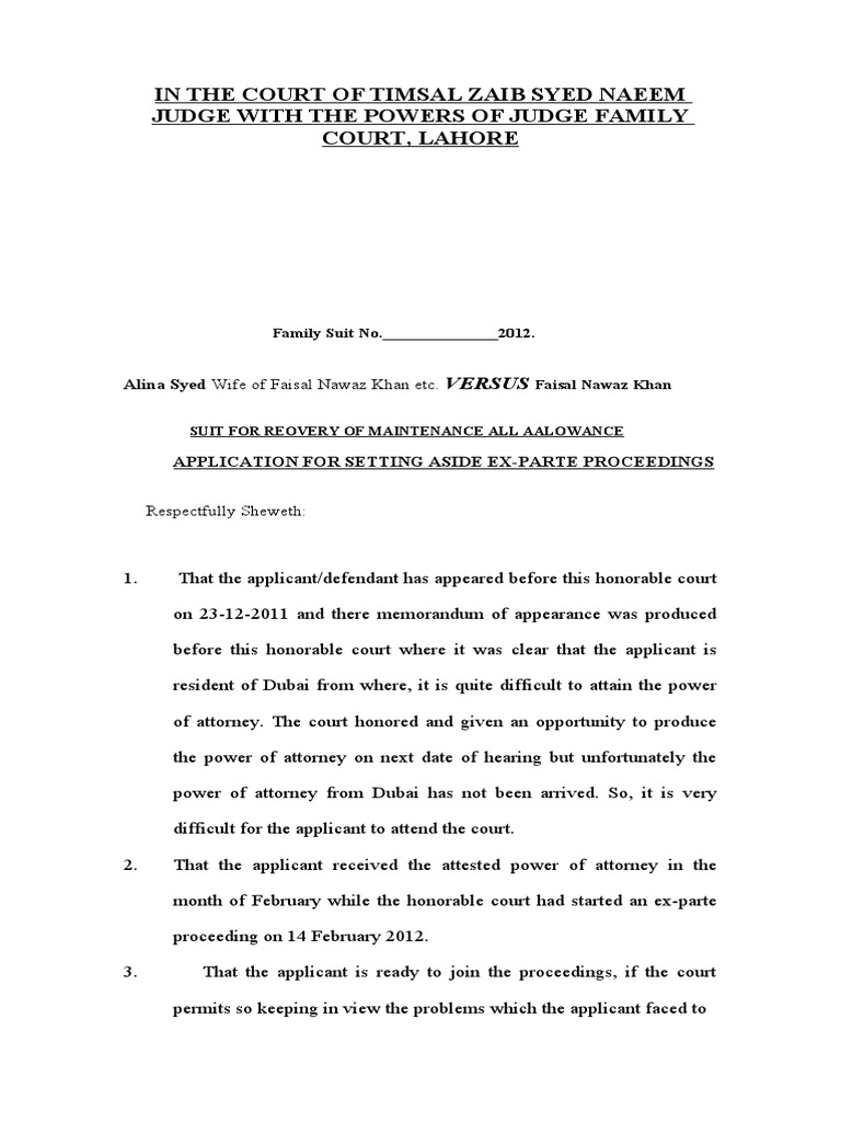 Application For Setting Aside Ex Parte - Alina Syed Vs Faisal Nawaz ...