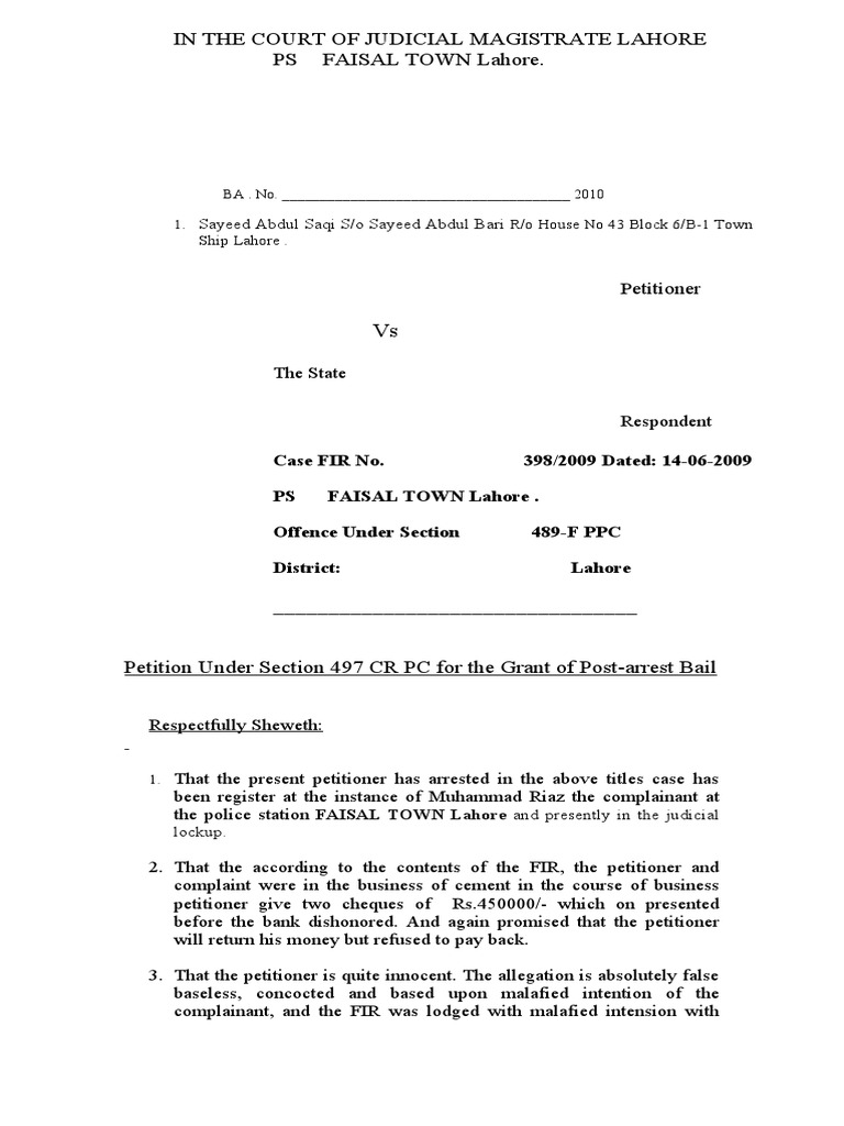 Bail Application 497 Saqi 17.09.2010 | Bail | Criminal Justice