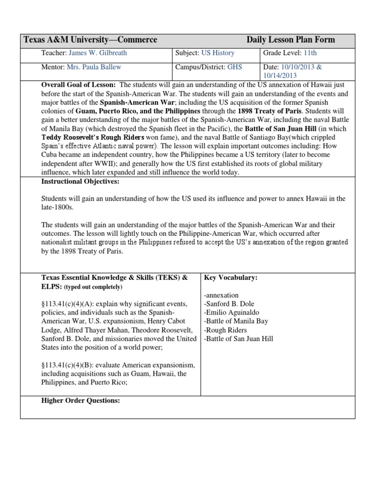 Spanish-American War Era - Day 2 Lesson Plan 1 | PDF | Lecture ...