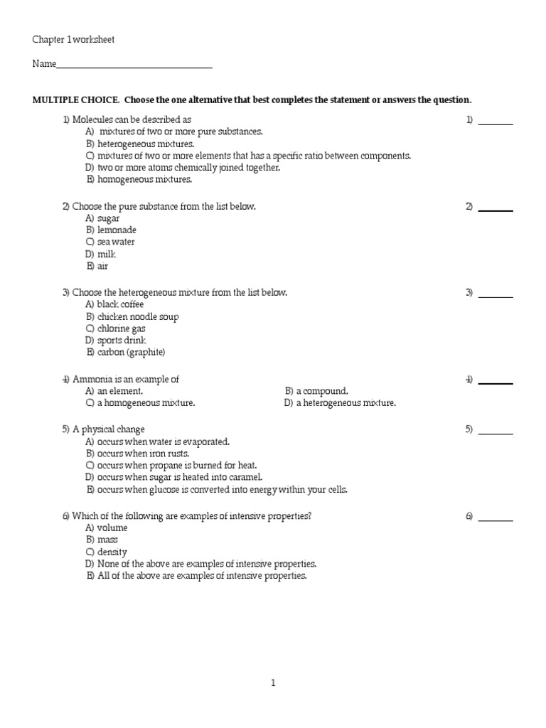 Chapter 1 Worksheet | PDF | Chemical Substances | Mixture