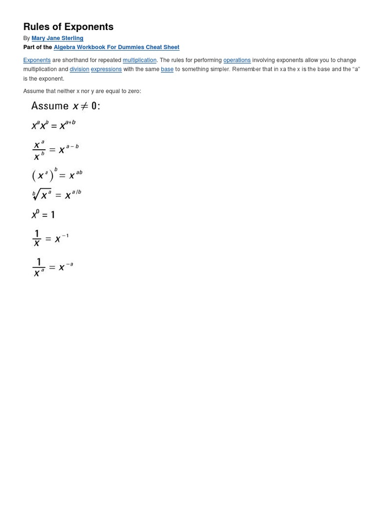 Rules of Exponents: Exponents Multiplication Operations Division ...