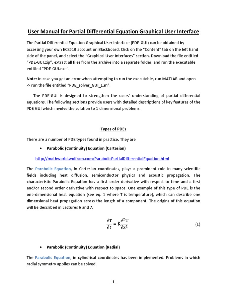 Partial Differential Equations Graphical User Interface Guide For Installing Users | PDF ...