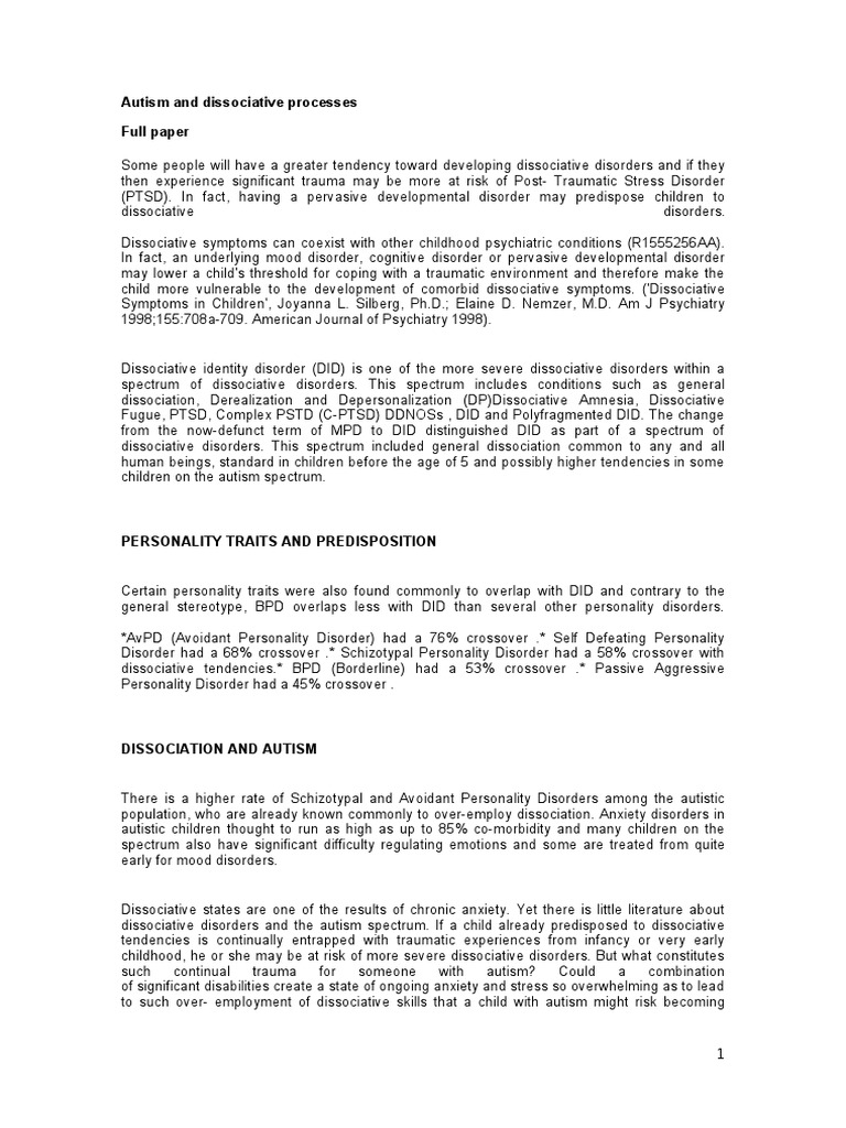 Autism and Dissociative Processes Donna Willians, 2013 | PDF | Autism ...