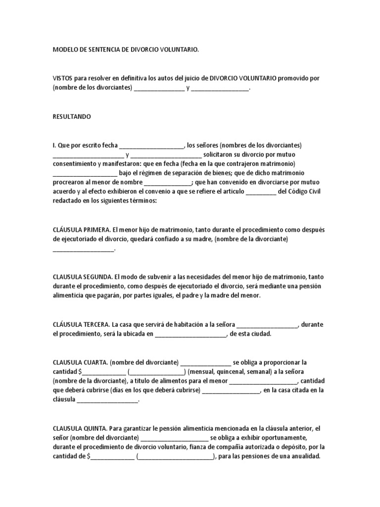 Modelo de Sentencia de Divorcio Voluntario | PDF | Divorcio ... Modelo de Sentencia de Divorcio Voluntario | PDF | Divorcio ...