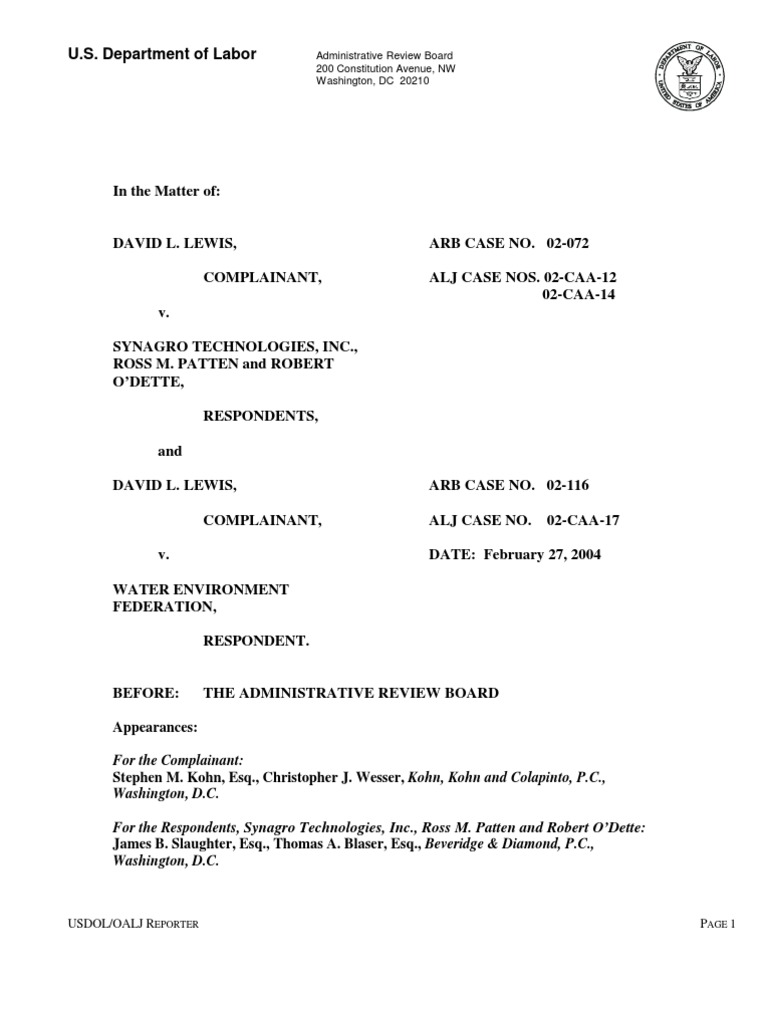 Lewis vs. Synagro & WEF Whistleblower Case | PDF | Law