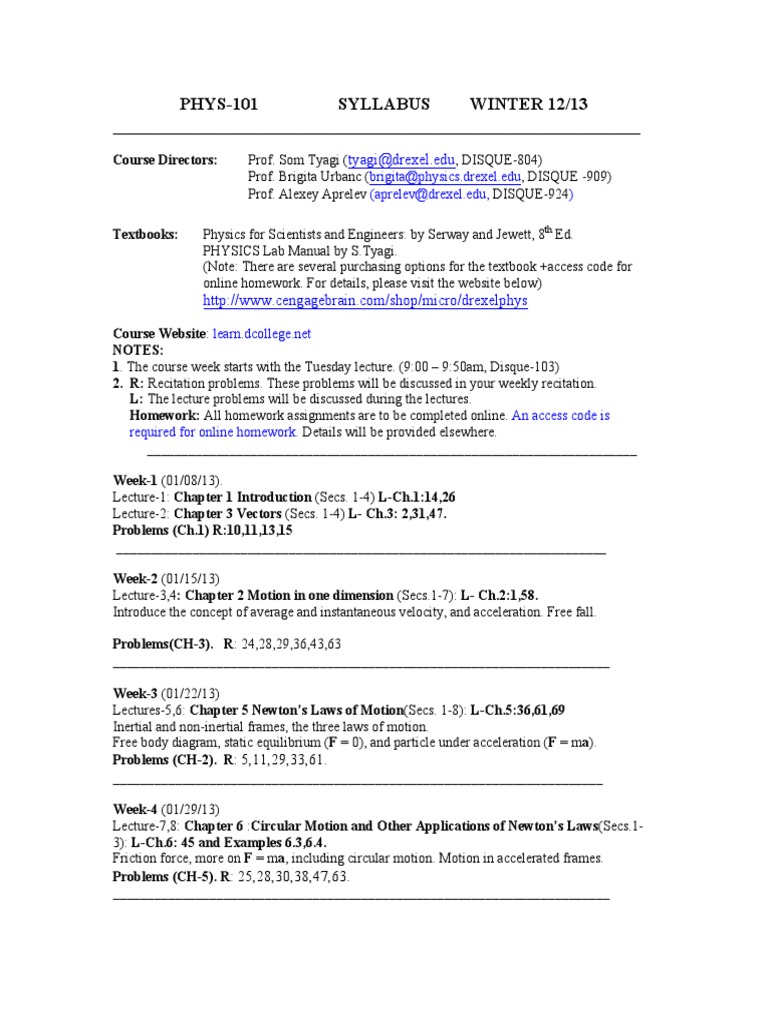 Drexel PHYS 101 Winter 2013 Syllabus | PDF | Momentum | Force