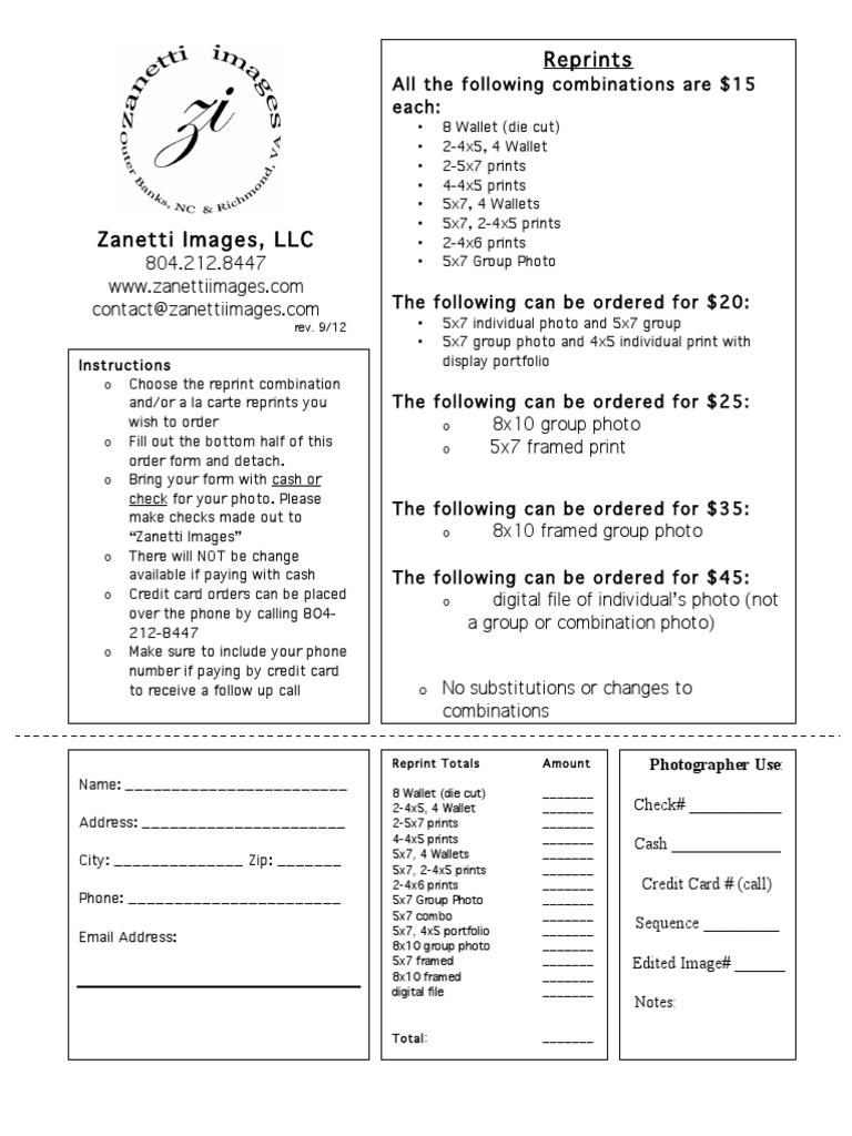 Zanetti Images Reprint Order Form | PDF | Business | Finance & Money ...