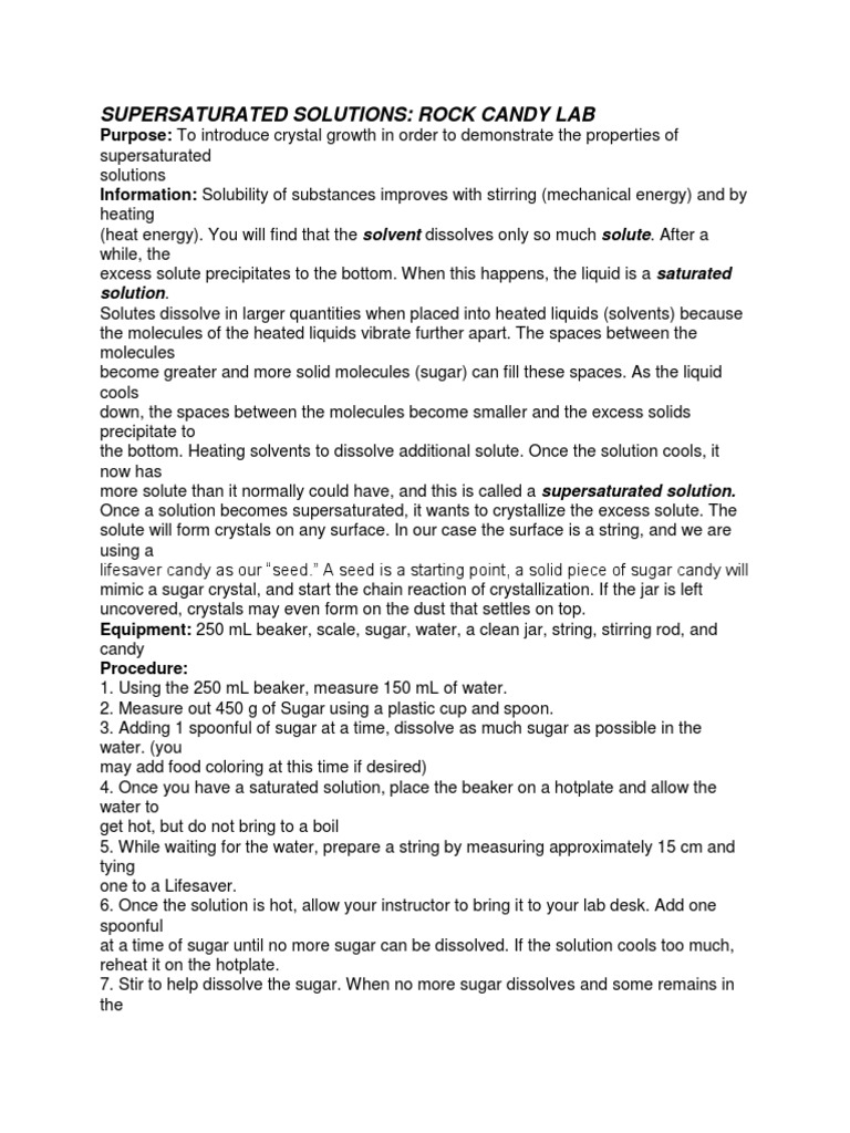 Supersaturated Solutions: Rock Candy Lab: Solution | PDF