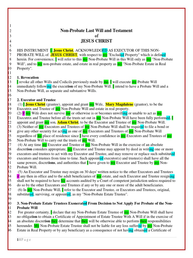 Jesus Christ's Non-Probate Last Will and Testament establishing trusts ...