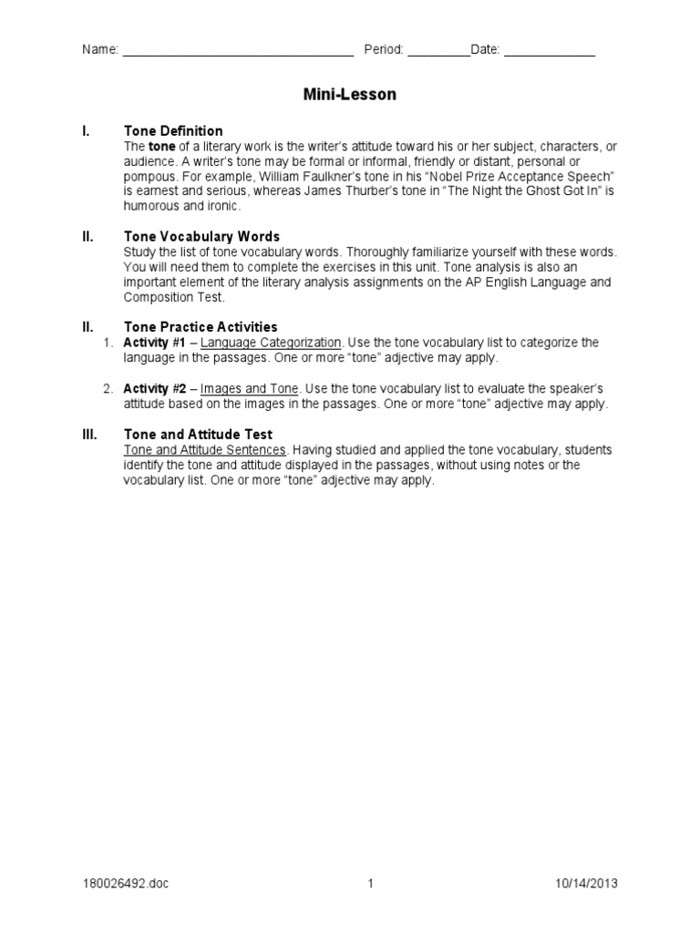 Tone Mini-Lesson and Worksheets | PDF | Parody | Vocabulary