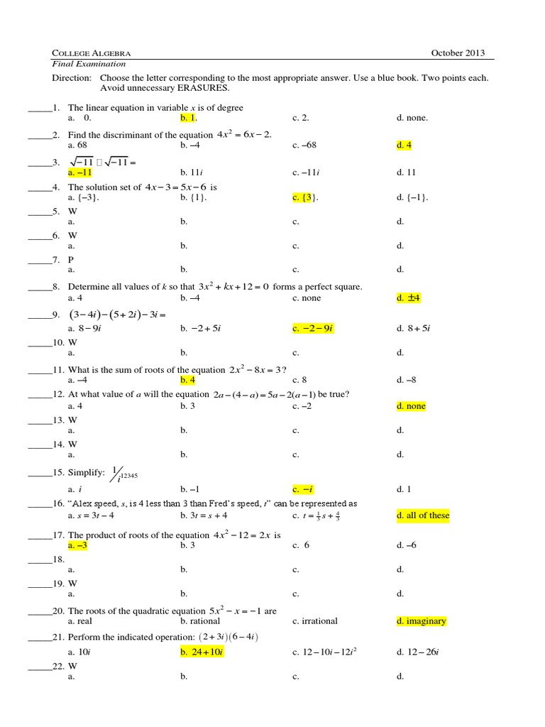 Final Examination: Ollege Lgebra | PDF | Teaching Methods & Materials ...
