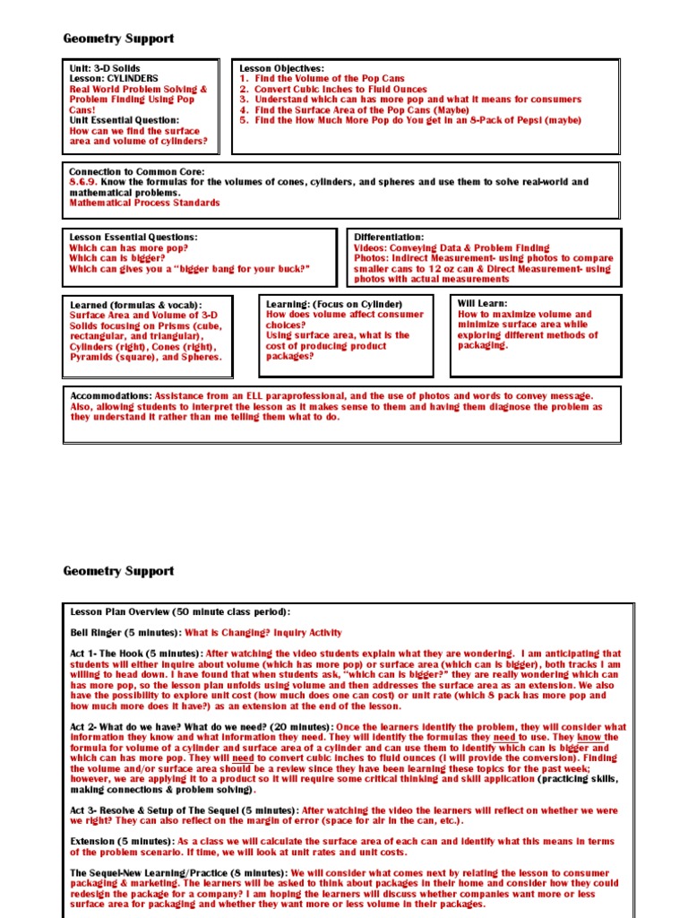 Lesson Plan: Cylinders in Real Life | PDF | Surface Area | Volume