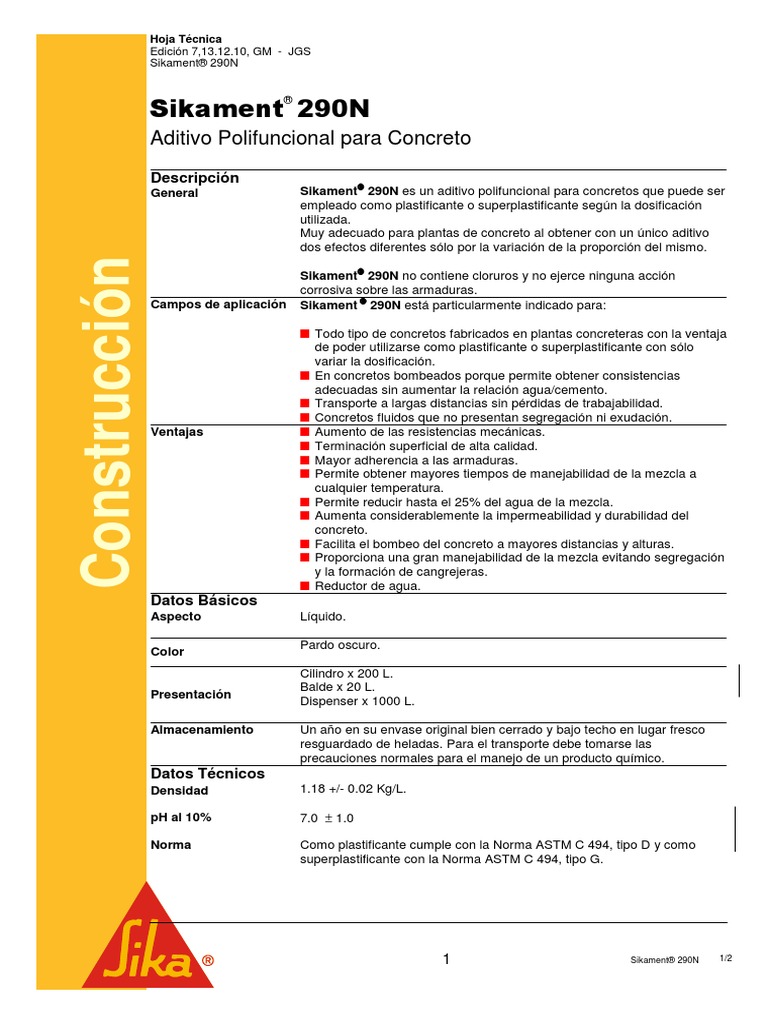 ADITIVO Sikament 290N | PDF | Hormigón | Cemento