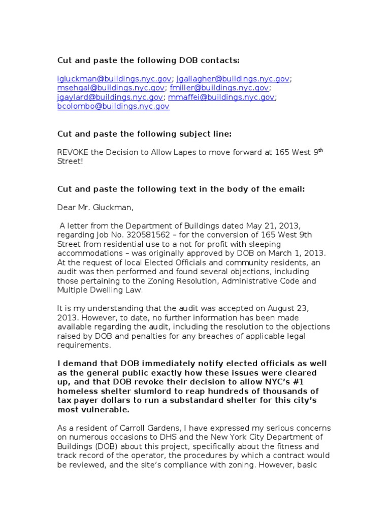 DOB Letter | Zoning | Homelessness