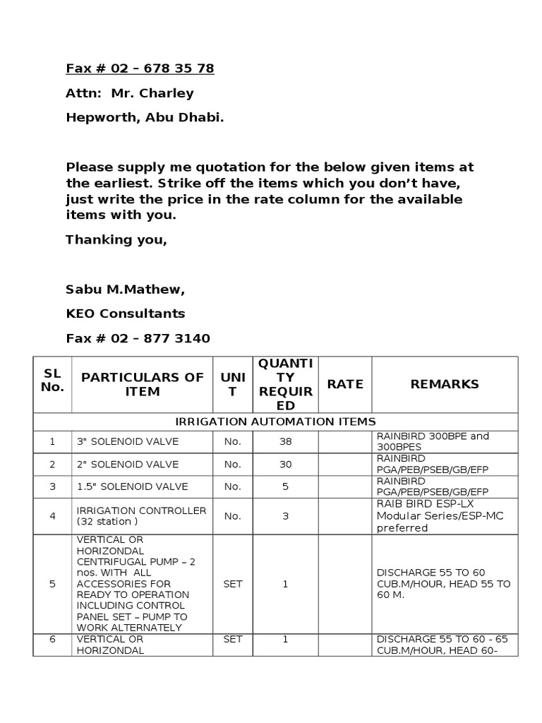 Irrigation Equipment Quotation Request | PDF | Valve | Pipe (Fluid ...