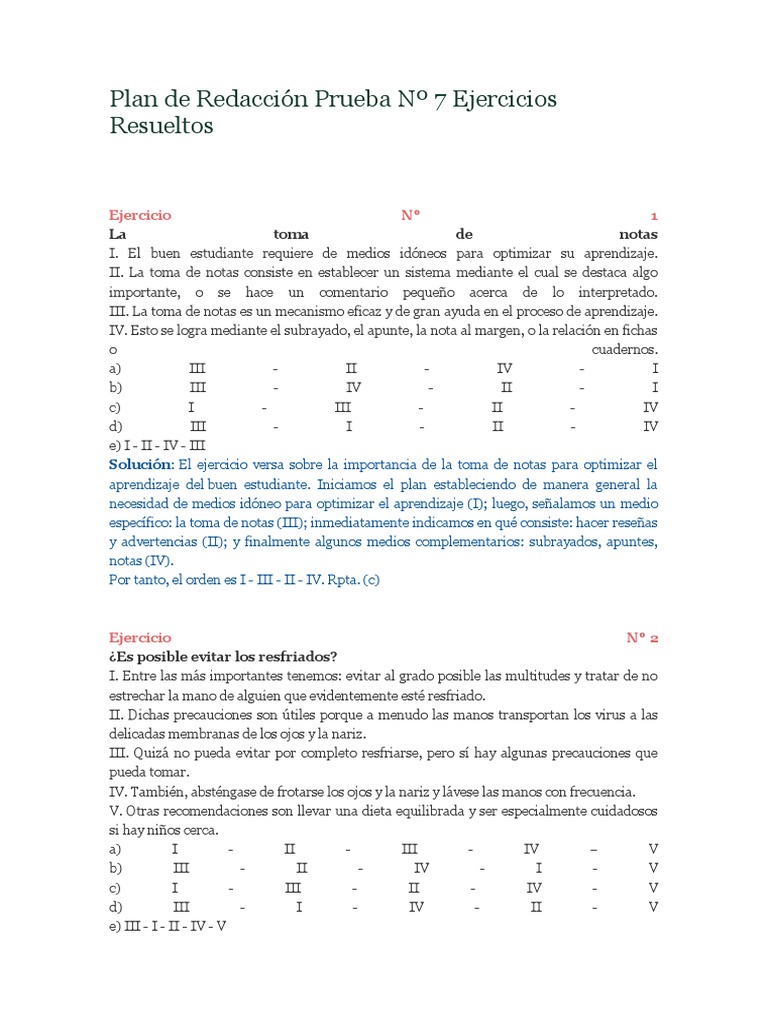 Plan de Redacción Prueba #7 Ejercicios Resueltos | PDF | Lectura (proceso) | Aprendizaje