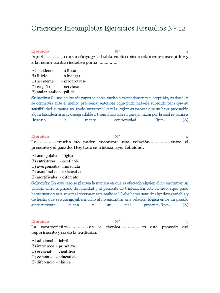 Oraciones Incompletas Ejercicios Resueltos Nº 12 | Libertad | Verdad ...
