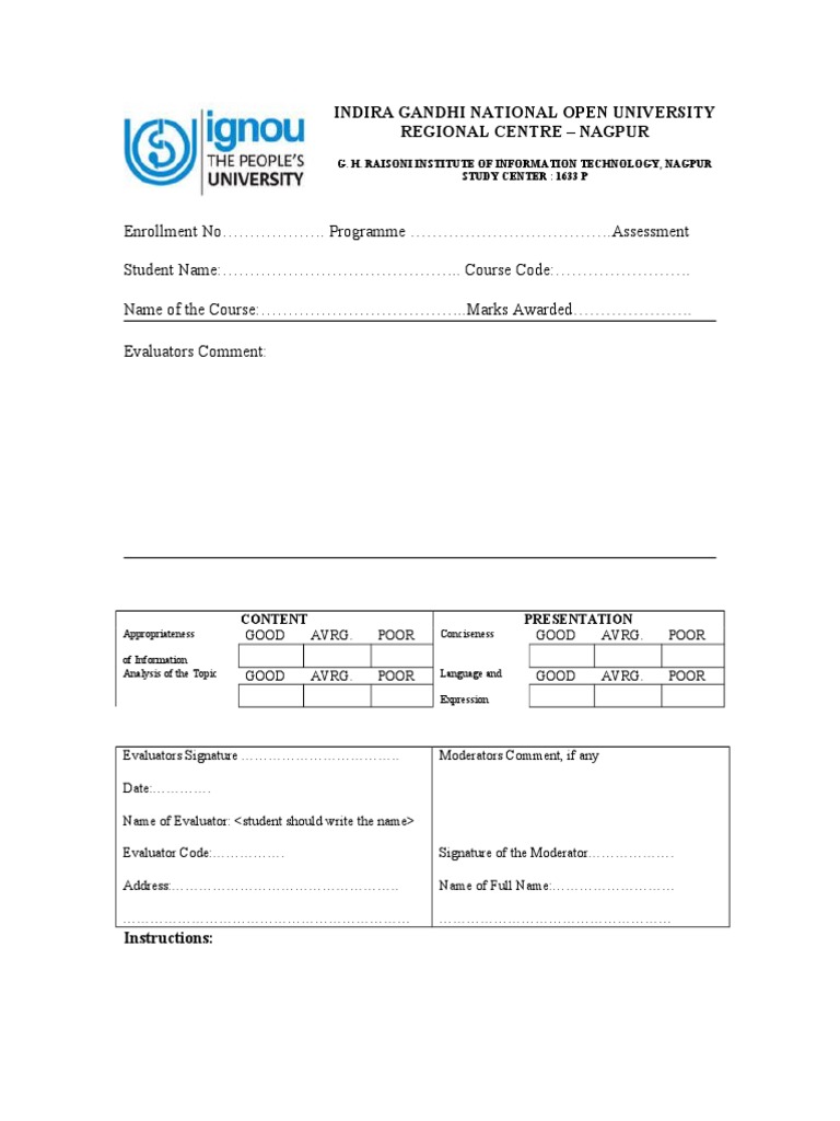 IGNOU Assignment Cover Page Format