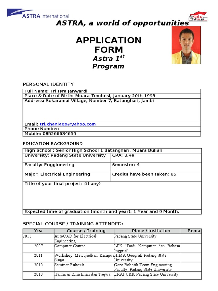 Application Form: ASTRA, A World of Opportunities | Download Free PDF ...