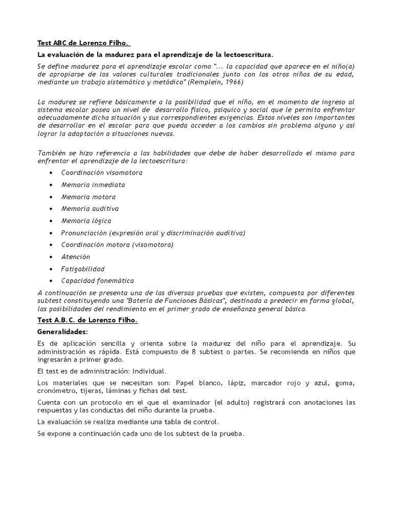 Test ABC de Lorenzo Filho: Evaluación Infantil | PDF | Memoria ...