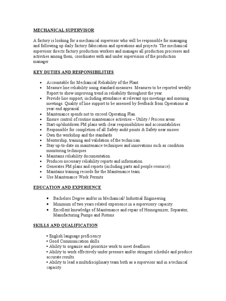 Mechanical Supervisor JD | PDF | Supervisor | Maintenance