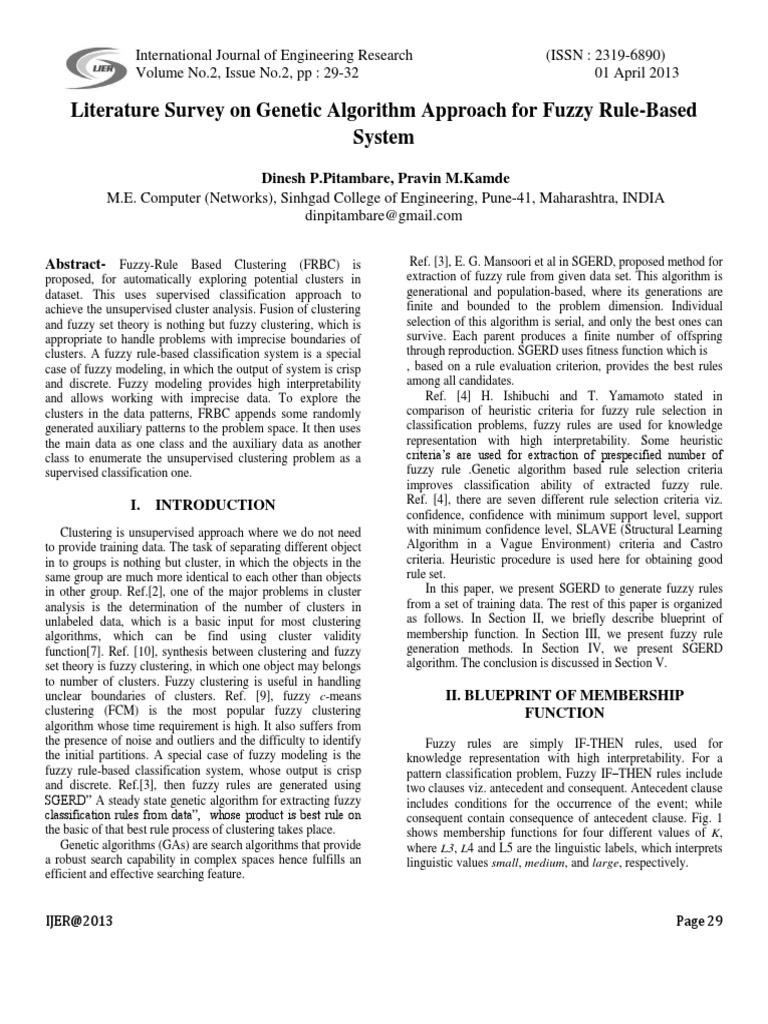 Literature Survey On Genetic Algorithm Approach For Fuzzy Rule-Based System | PDF | Cluster ...