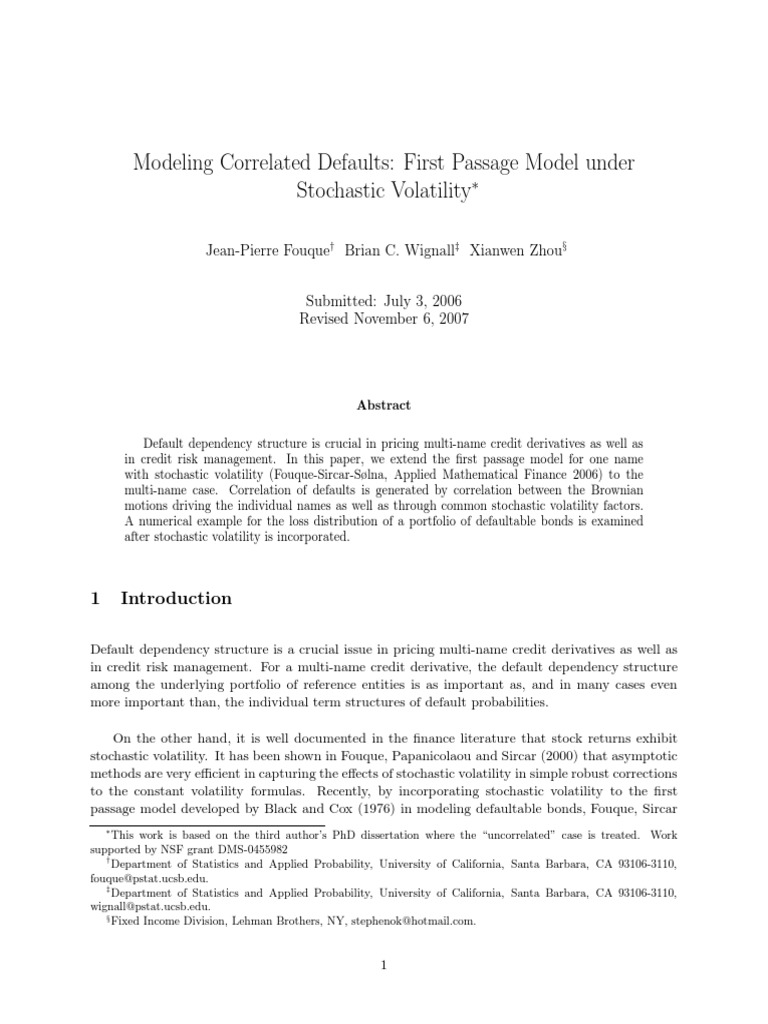 Modeling Correlated Defaults First Passage Model Under Stochastic Volatility | PDF ...