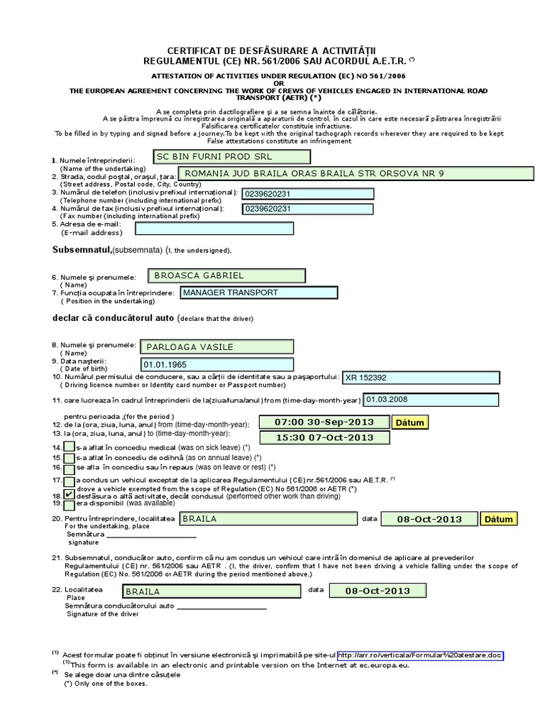 Formular Acordul AETR Sablon | PDF