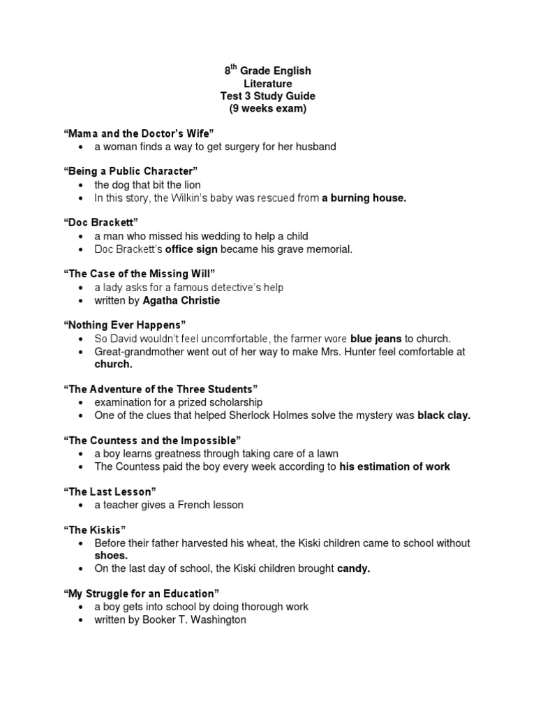 8th Grade Literature Test 3 Guide | PDF